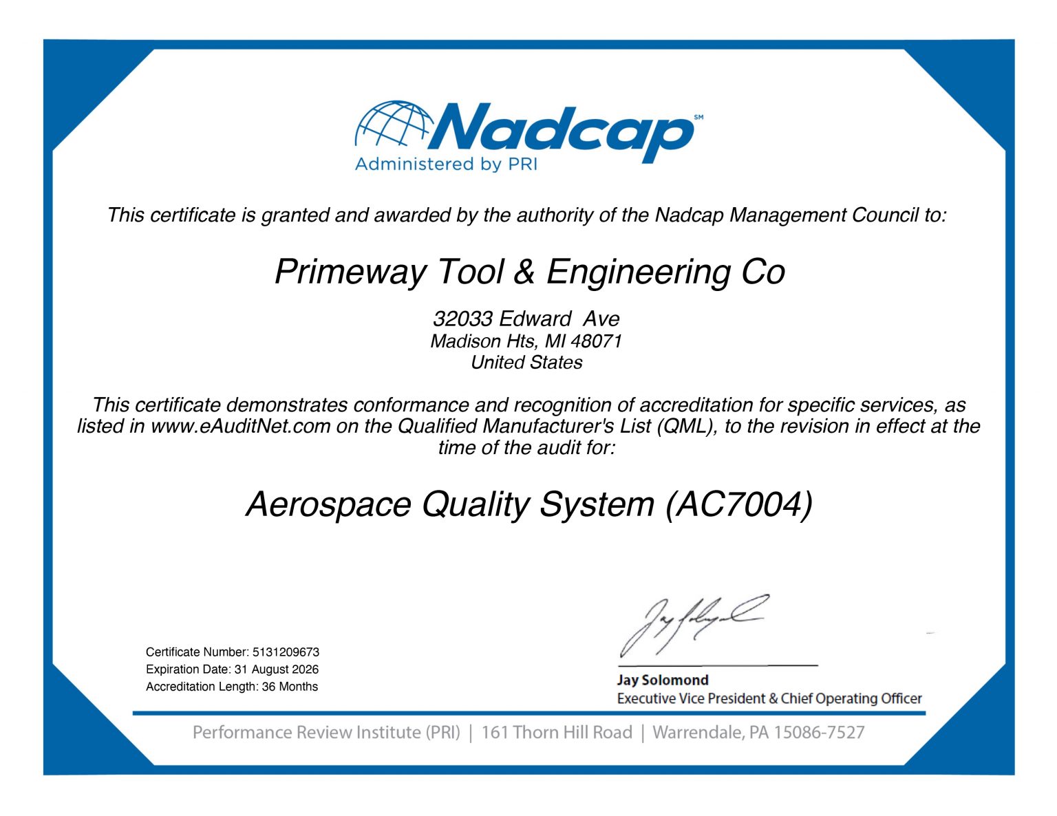 Certifications - Primeway Tool & Engineering